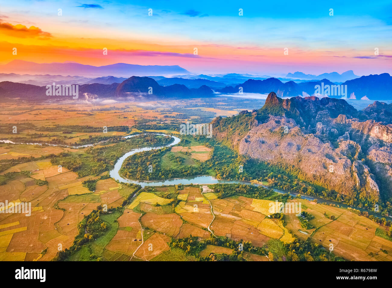 Aerial view of the fields, river and mountain. Beautiful landscape ...