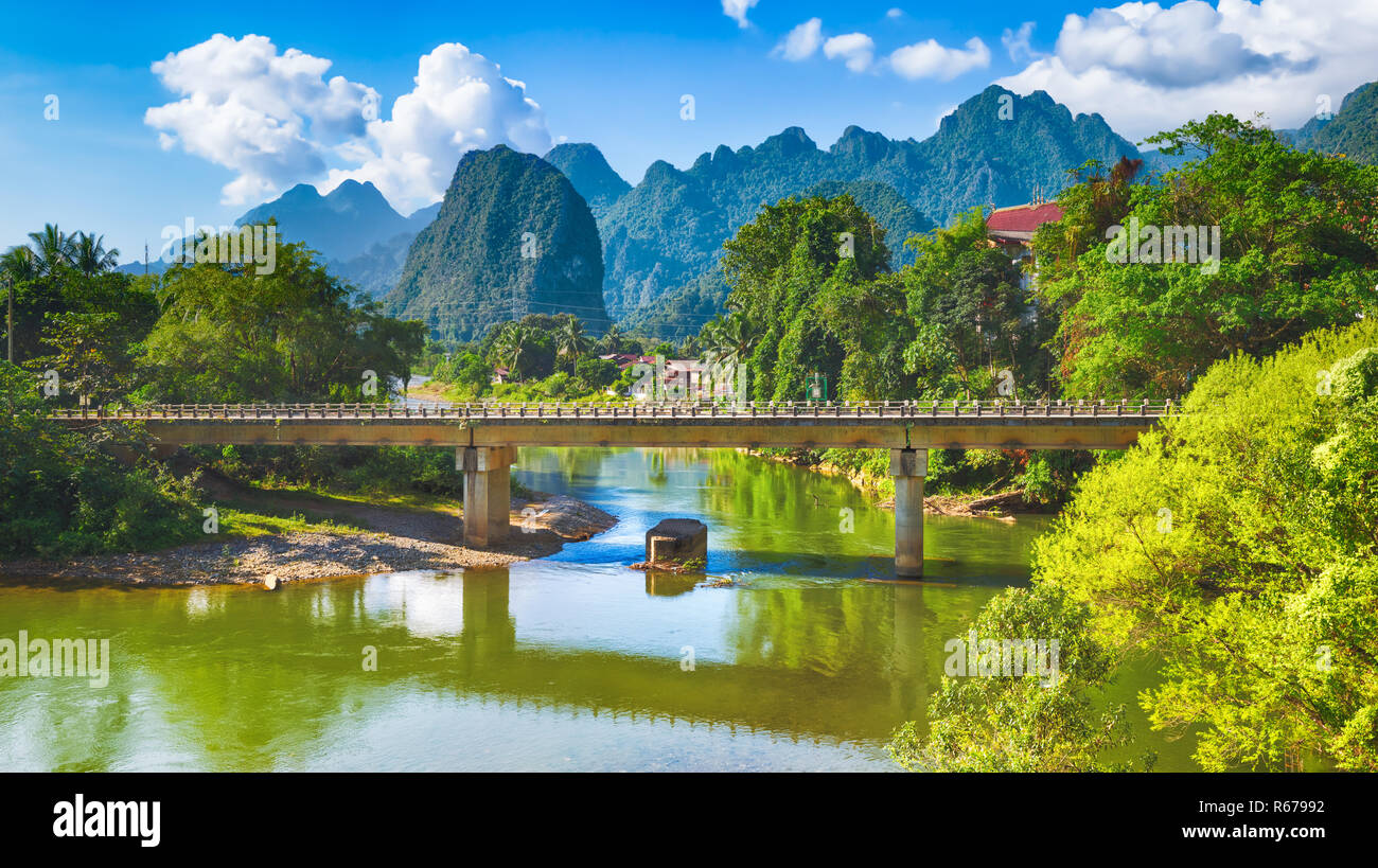 Amazing landscape of river among mountains. Laos. Panorama Stock Photo ...