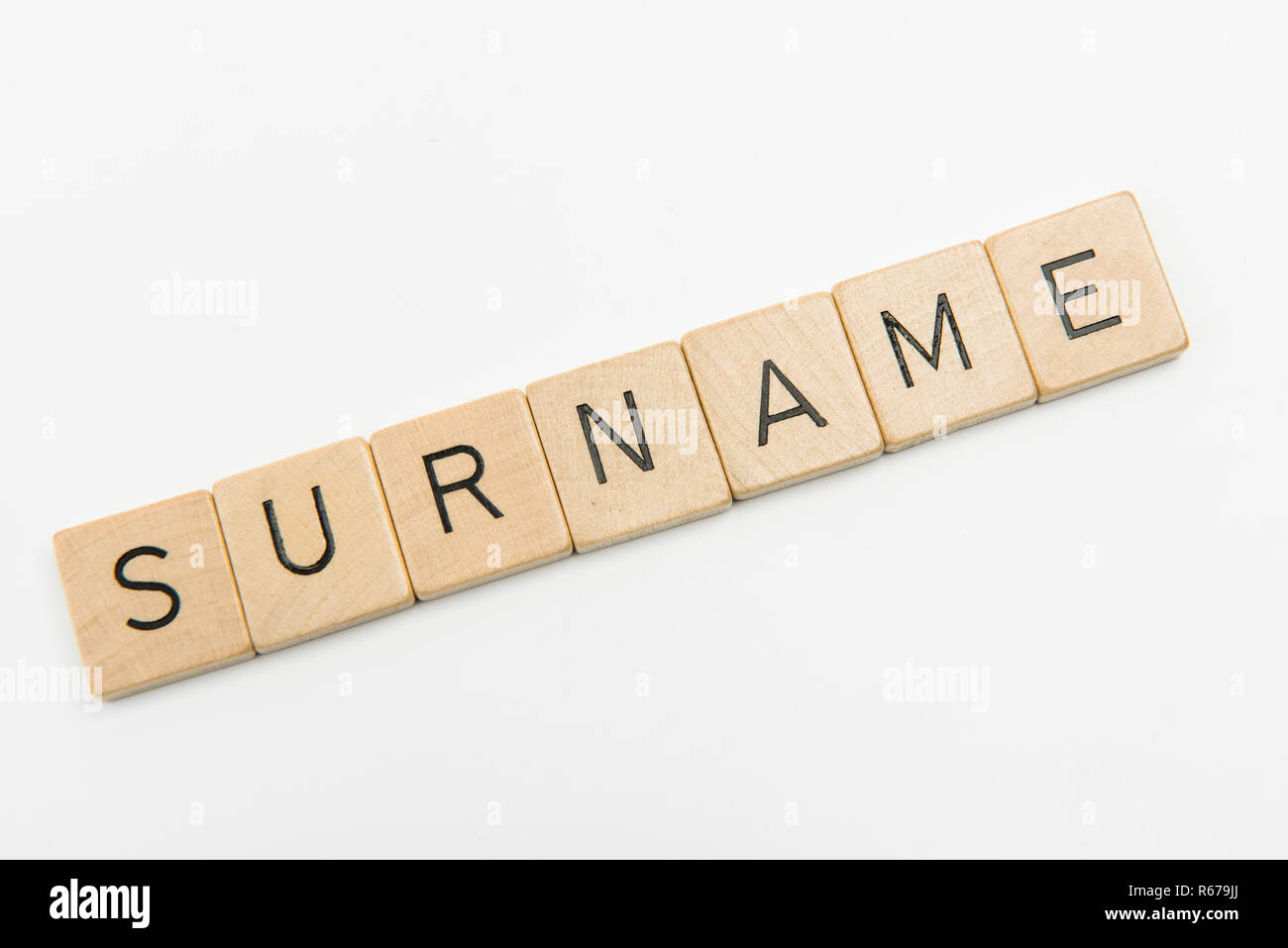 some wooden pieces with the letters that make up the word surname Stock ...