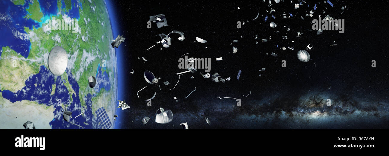 space junk in Earth orbit, debris orbiting the blue planet, flying ...