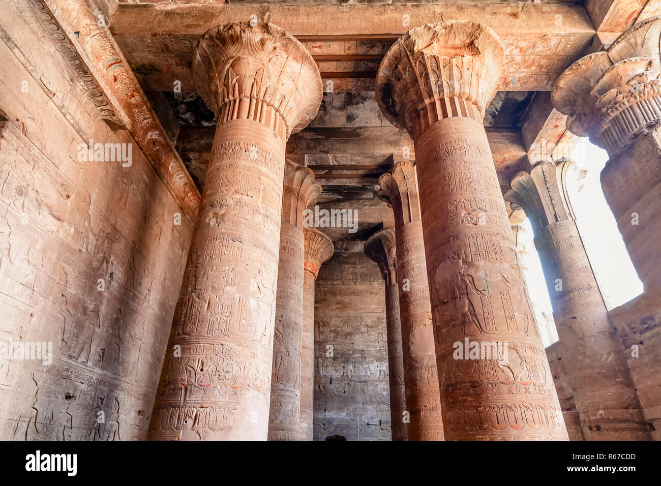 Columns with hieroglyphs and polychromy at Edfu Temple showing ...