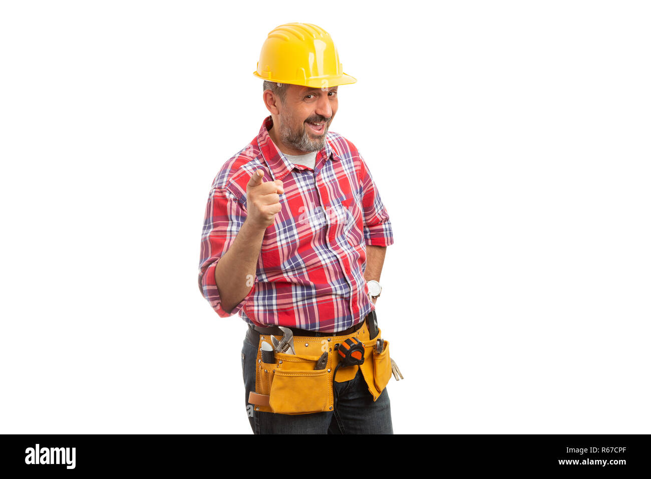 Happy friendly constructor holding index finger as joking concept ...