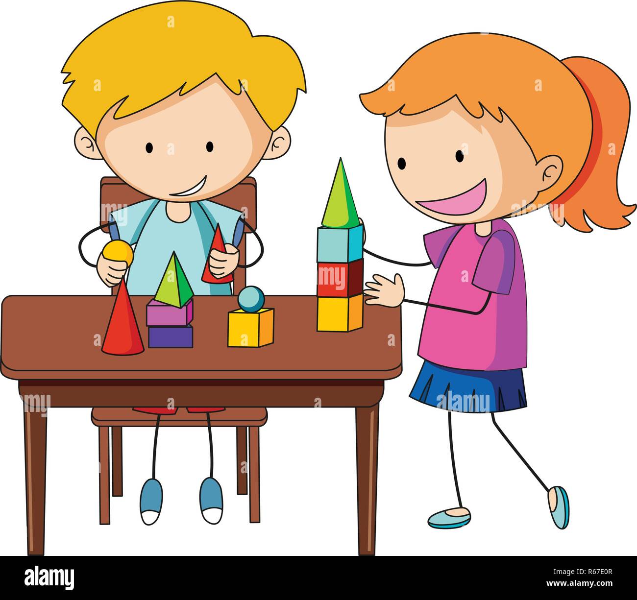 Doodle boy anf girl learning brick illustration Stock Vector Image ...