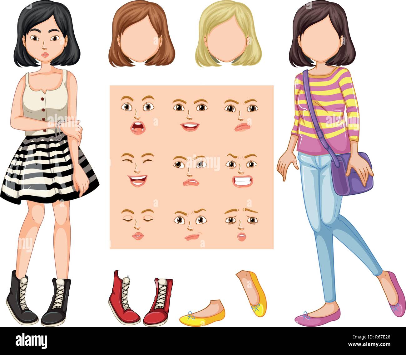 Set of girl with different facial expression illustration Stock Vector ...