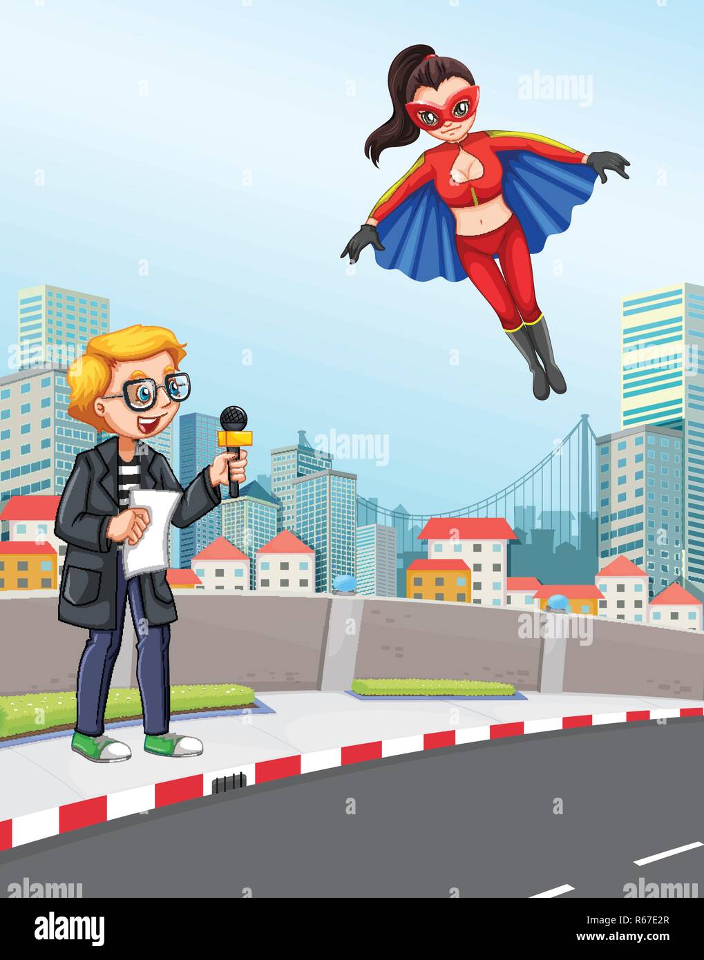 News reporter urban scene with super hero illustration Stock Vector ...
