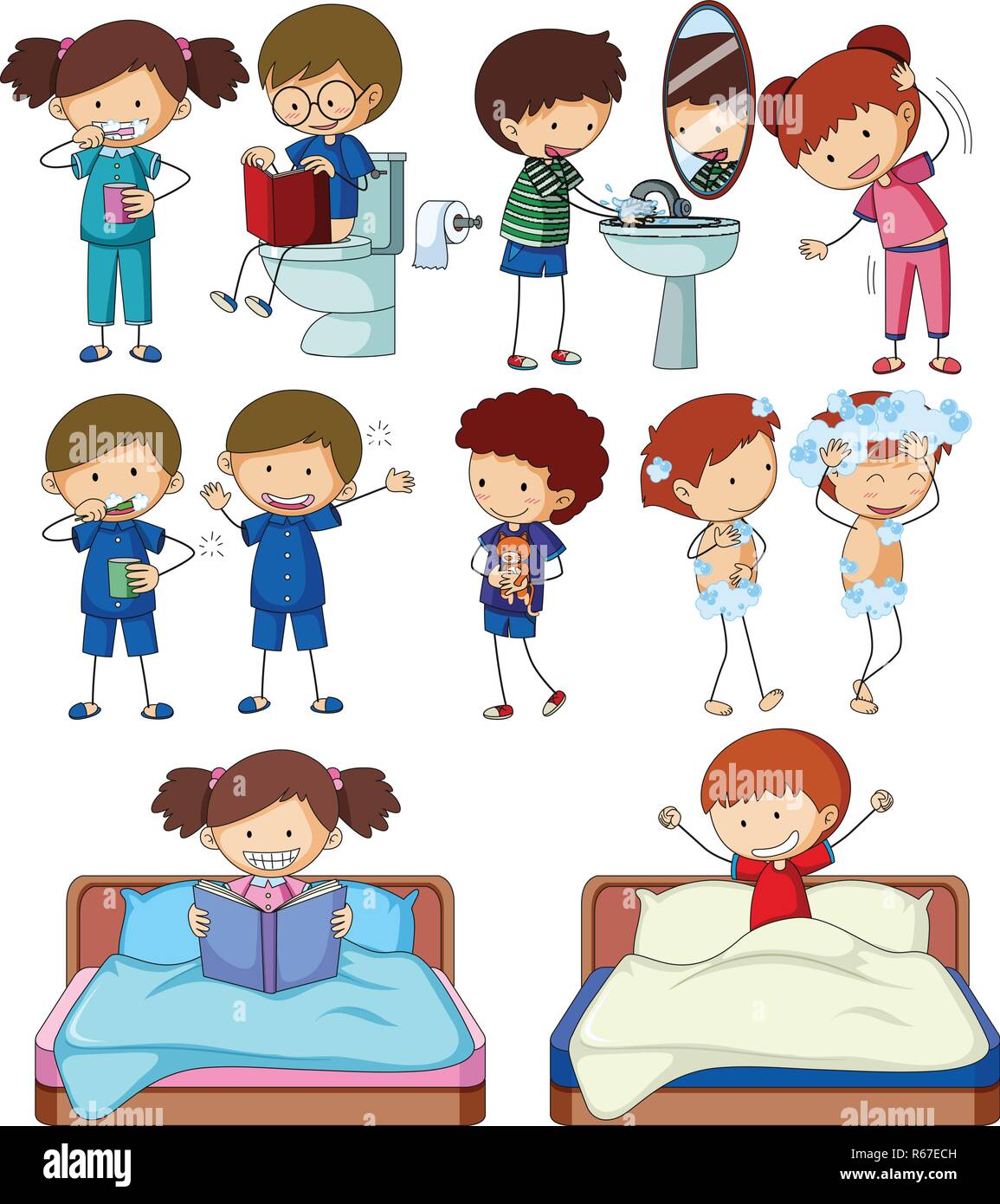 Set of doodle kids character routine activities illustration Stock ...