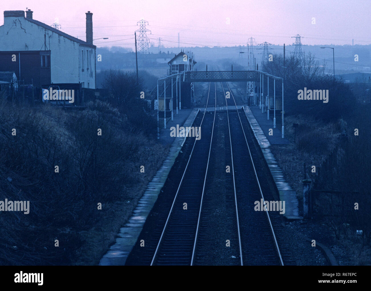Huncoat signal box and metal footbridge on the British Rail Preston to ...