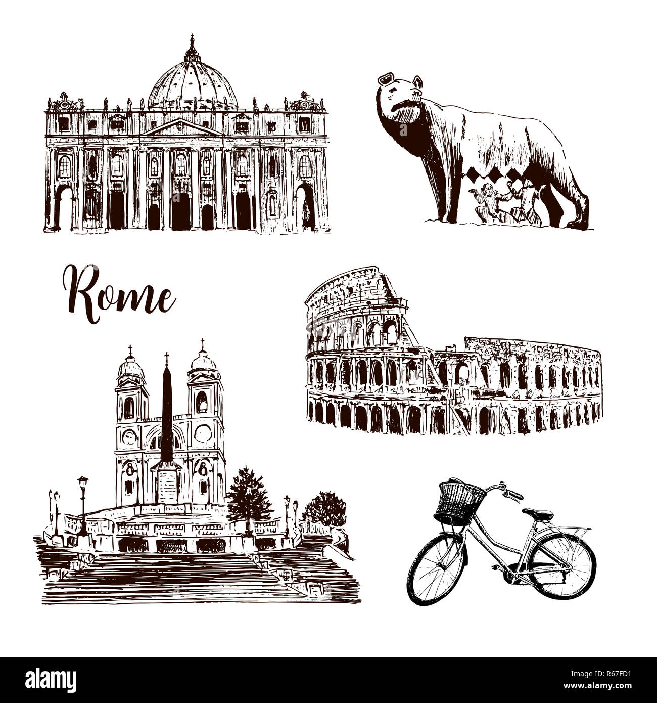 Rome architectural symbols: Coliseum, St. Peter Cathedral, wolf ...
