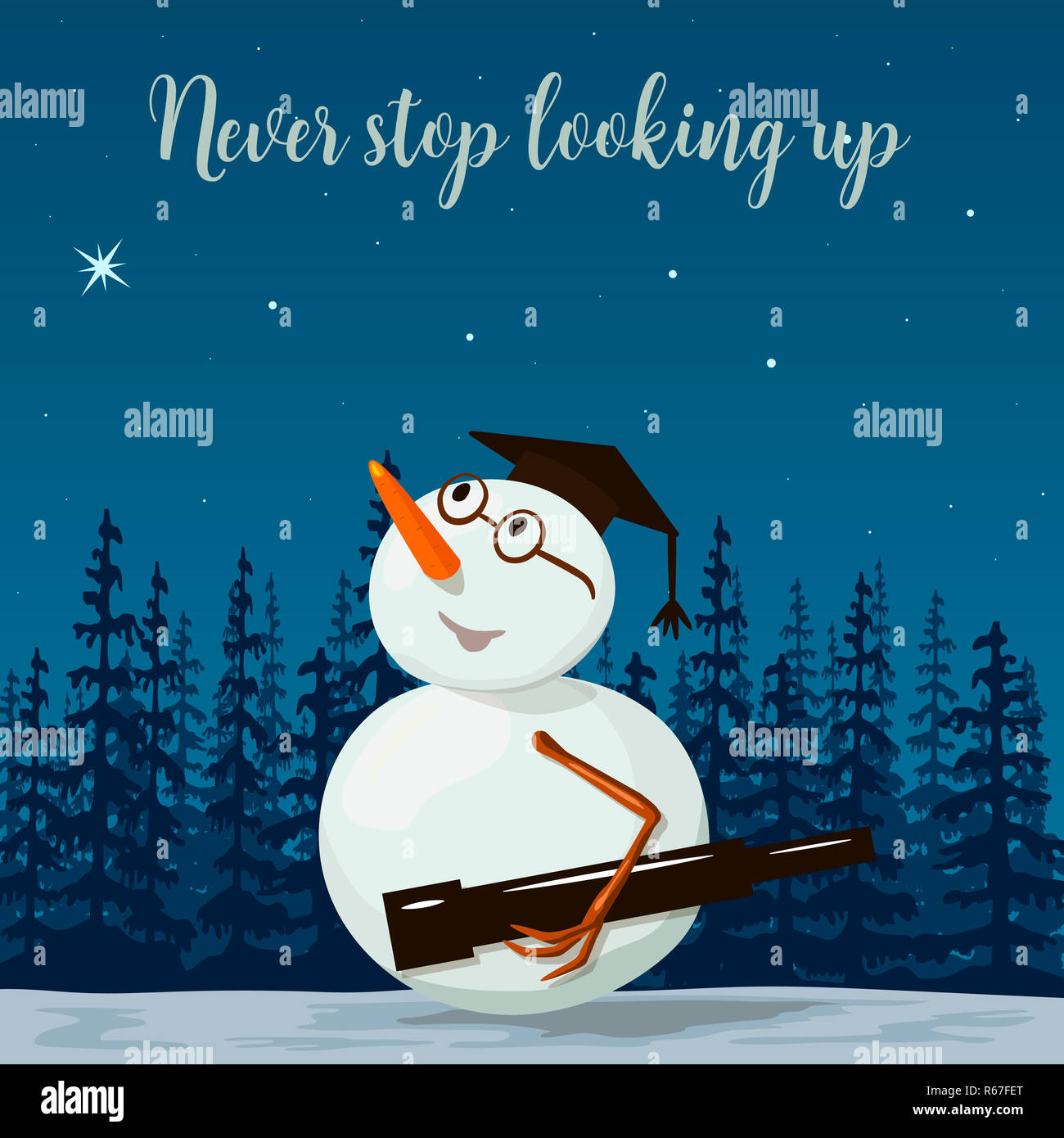 Snowman scientist. stargazer, astronomer. landscape with silhouette of ...