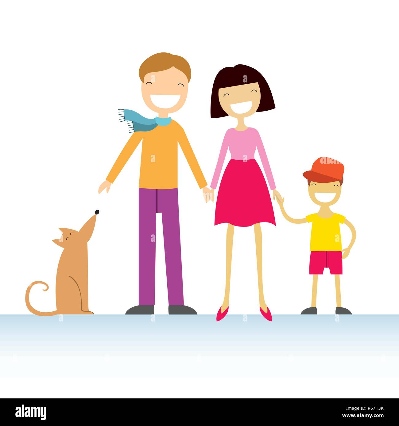 Happy family members parents, their son and a dog. Lovely cartoon ...