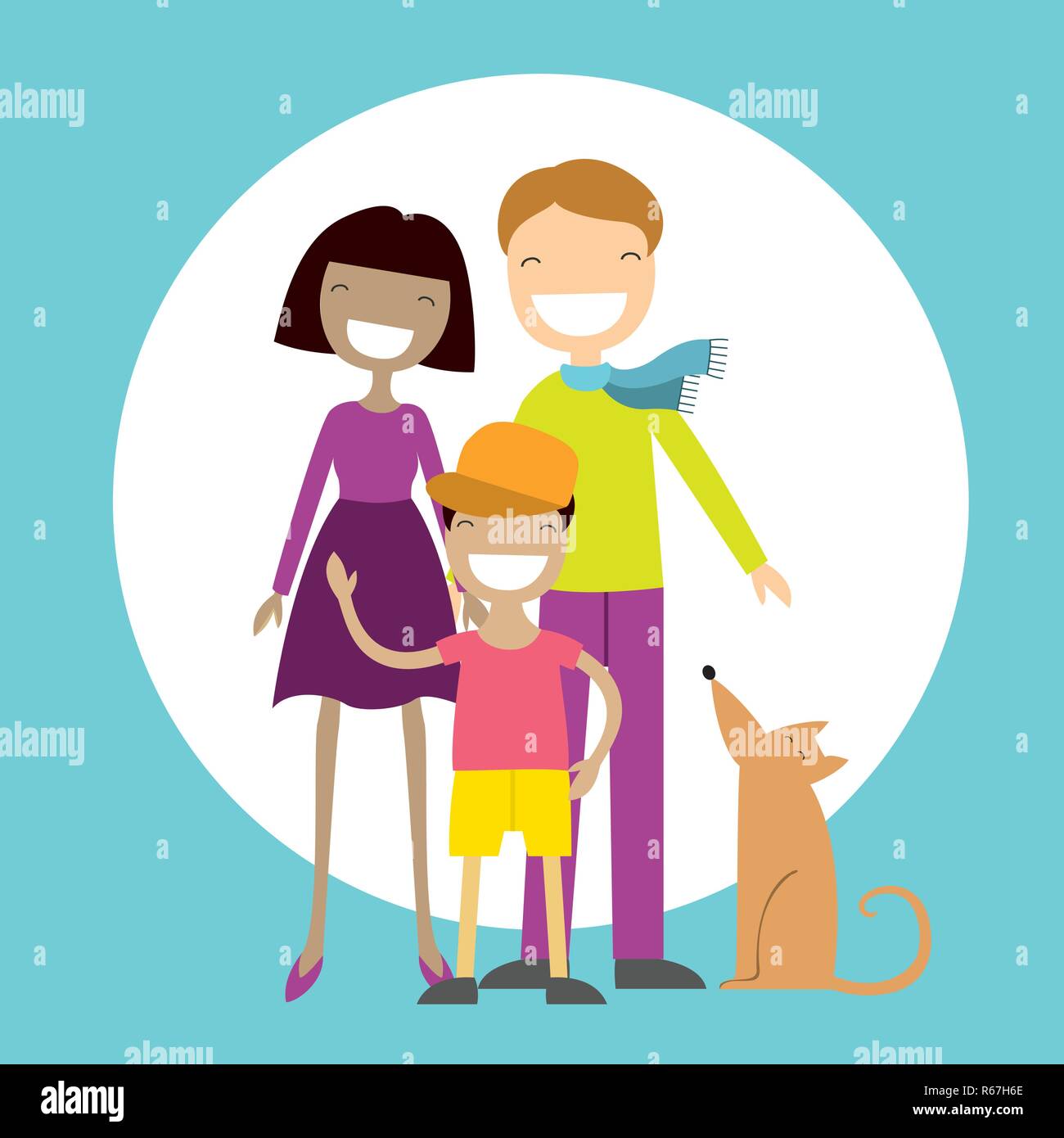 Happy family members parents, their son and a dog. Lovely cartoon ...
