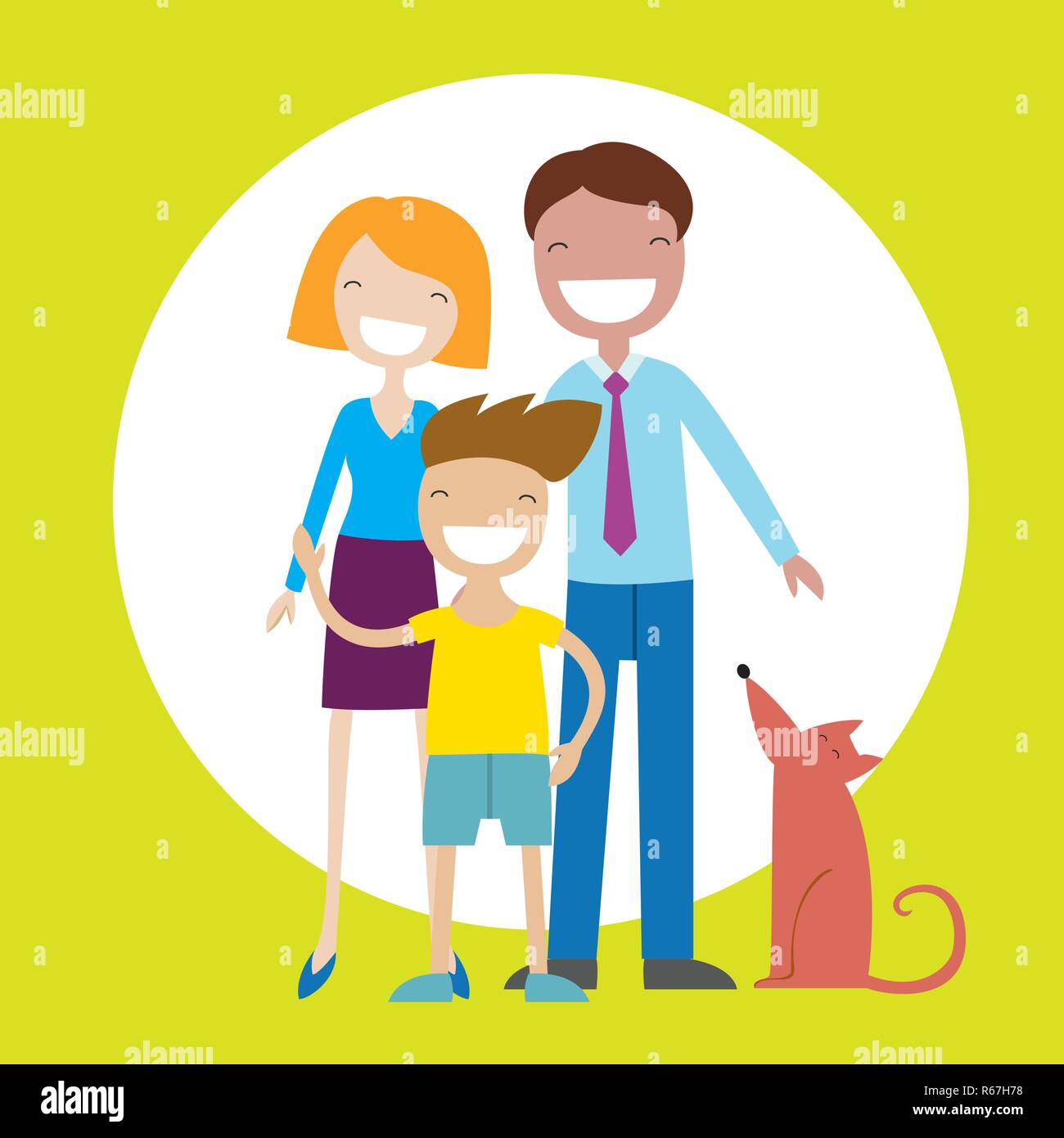 Happy family members parents, their son and a dog. Lovely cartoon ...
