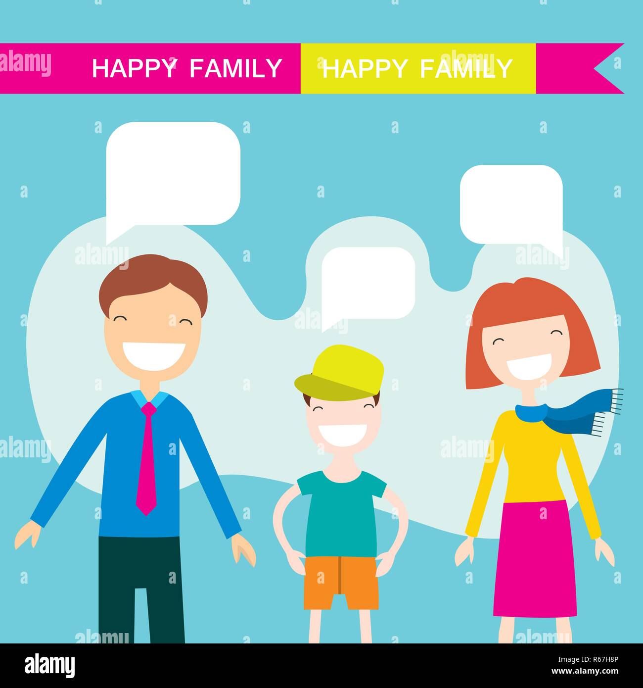 Happy family members parents and their son. Lovely cartoon characters ...