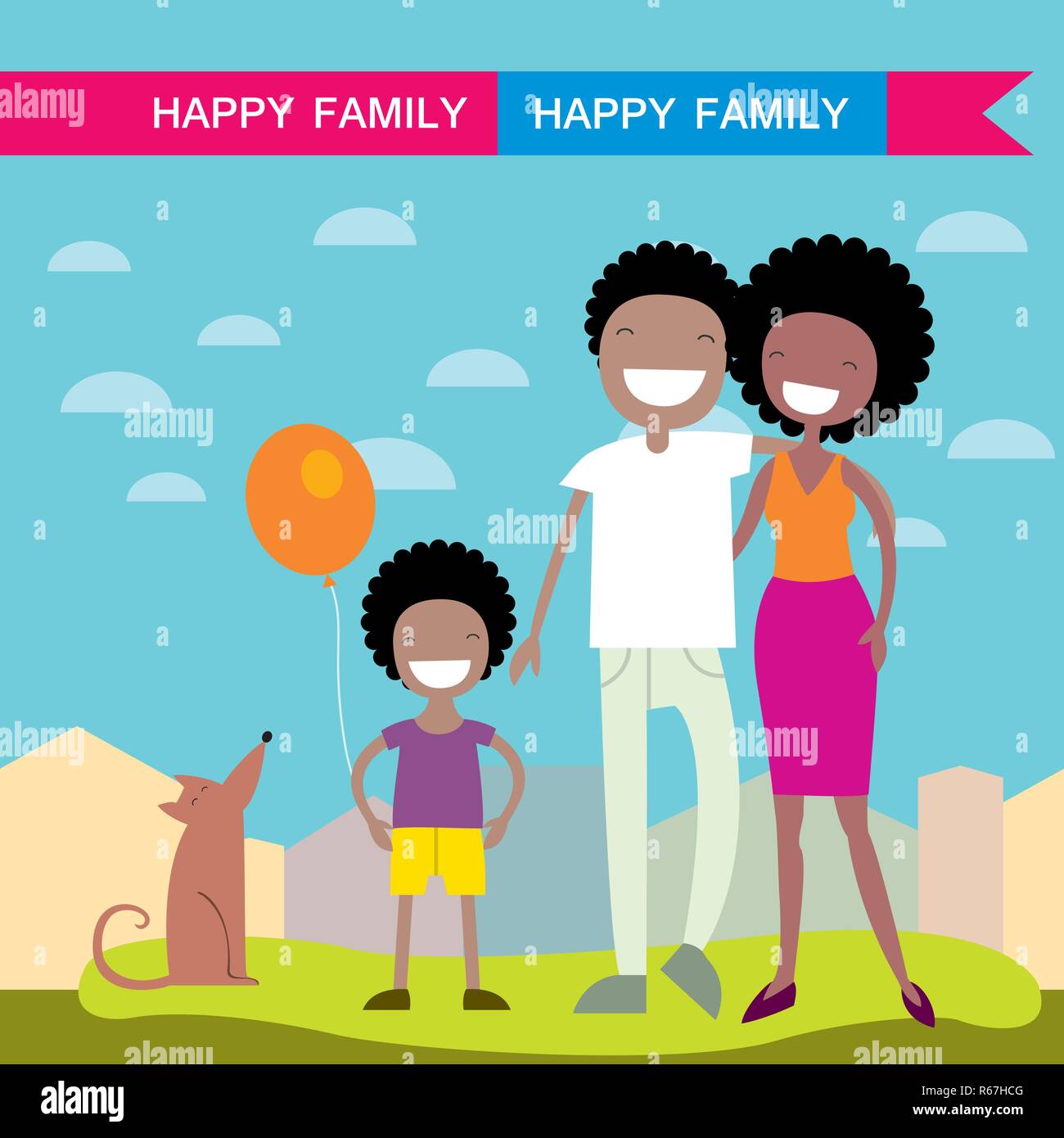 Happy family members parents,their son and a dog. Lovely cartoon ...