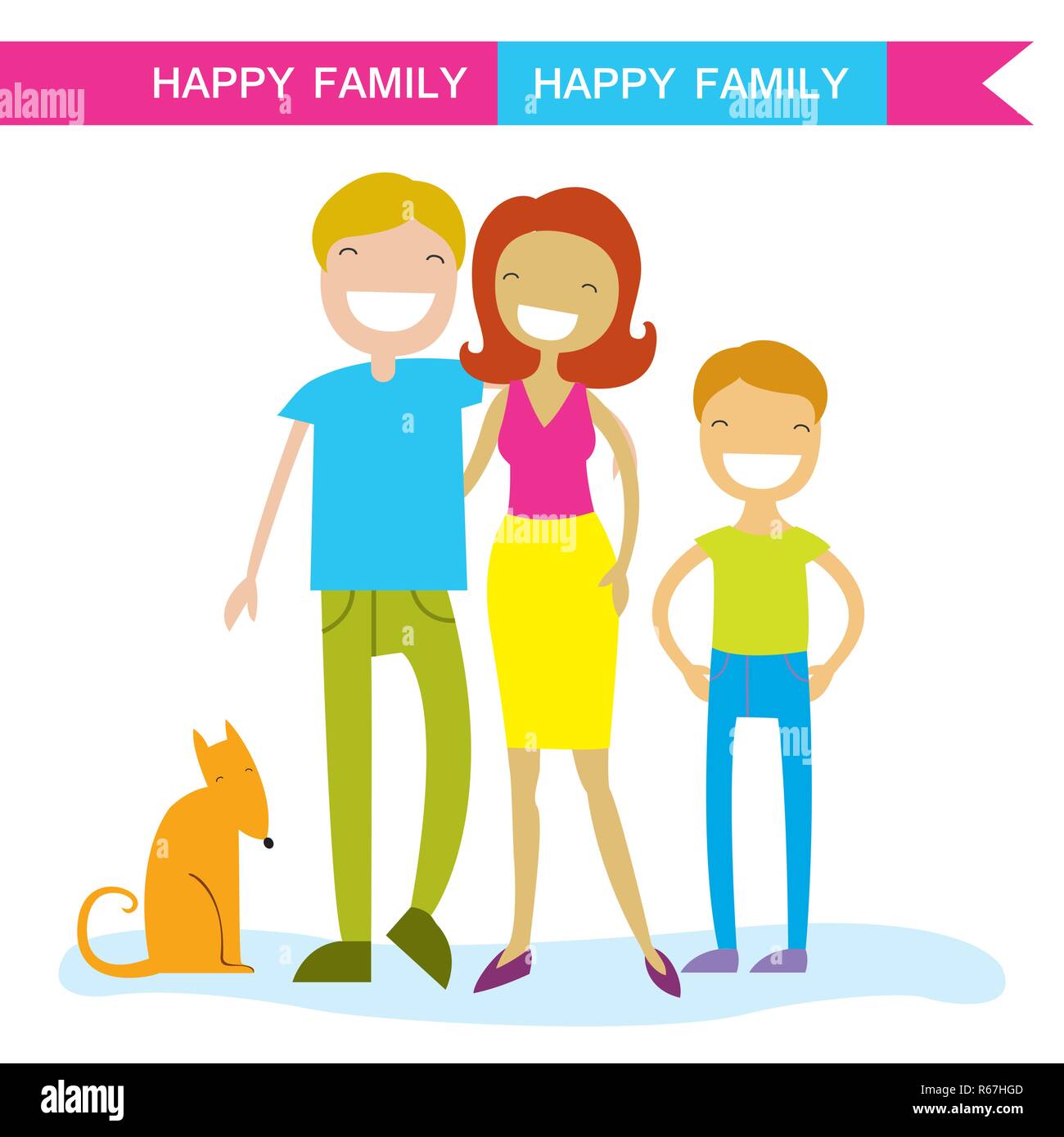 Happy family members parents, their son and a dog. Lovely cartoon ...