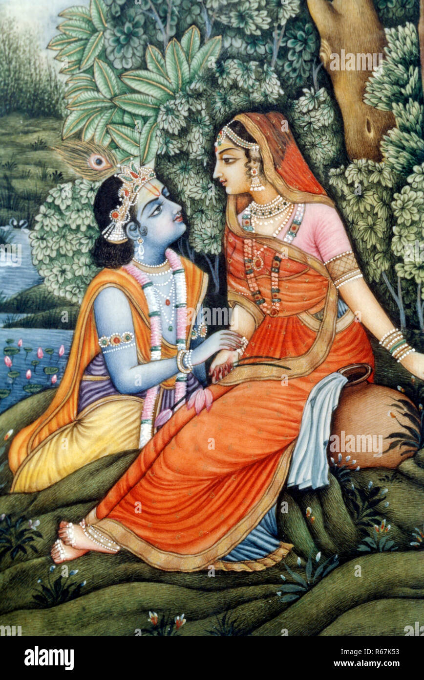 Radha Krishna in garden, miniature painting, india Stock Photo - Alamy Radha Krishna in garden, miniature painting, india Stock Photo - Alamy