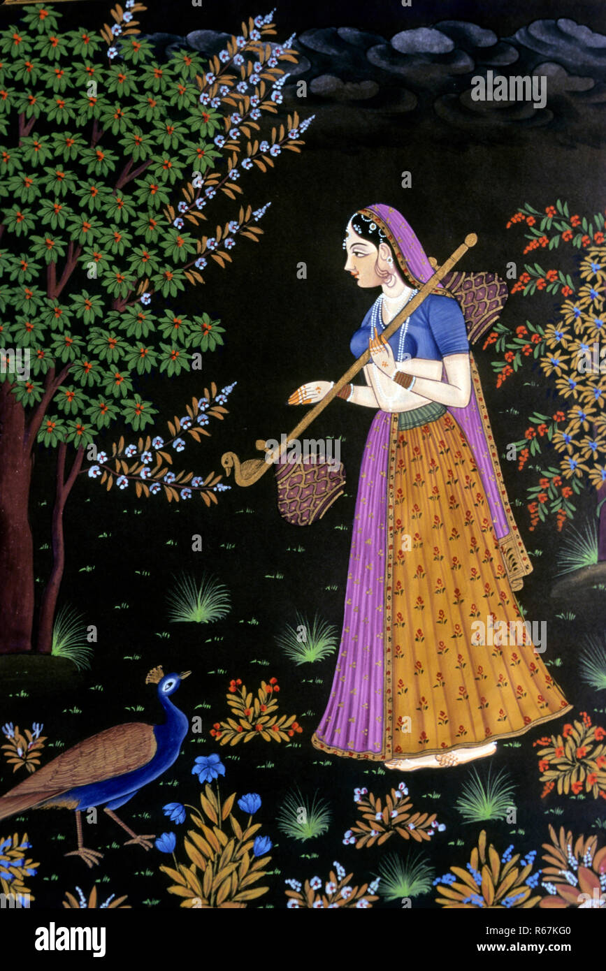 painting on paper, lady enjoying music, india Stock Photo - Alamy