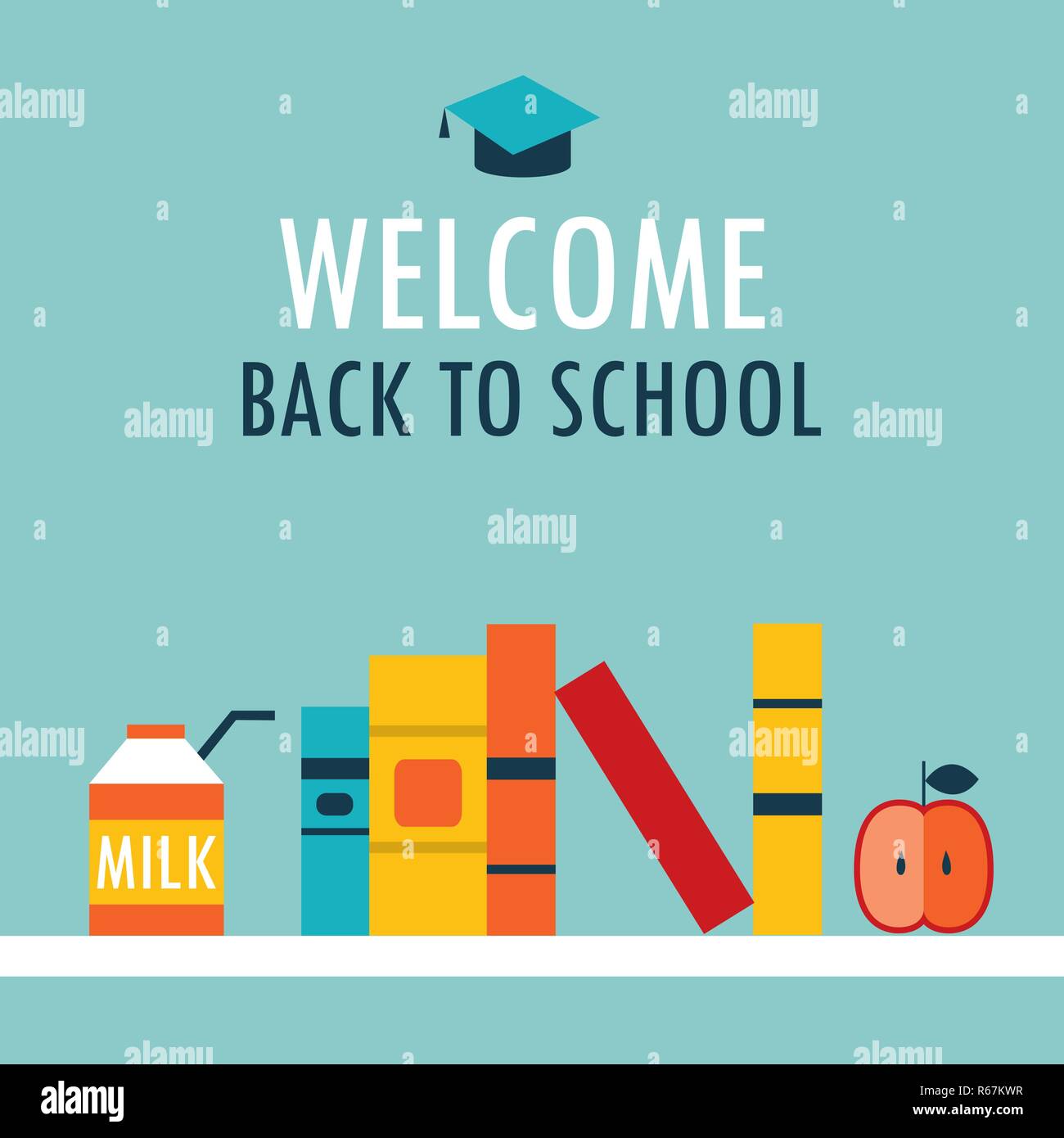 Welcome back to school background Book shelf with books milk and apple ...