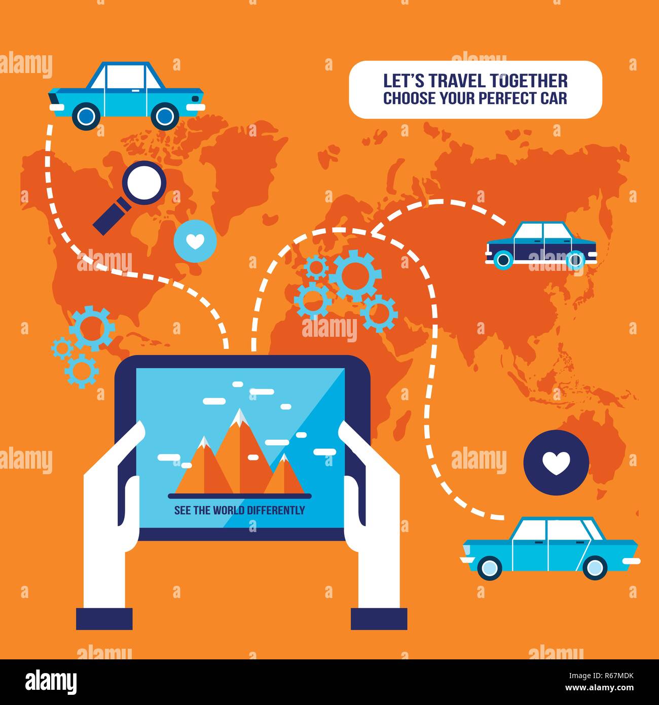 Man holding a tablet with view of beautiful place, imagine road trip by ...