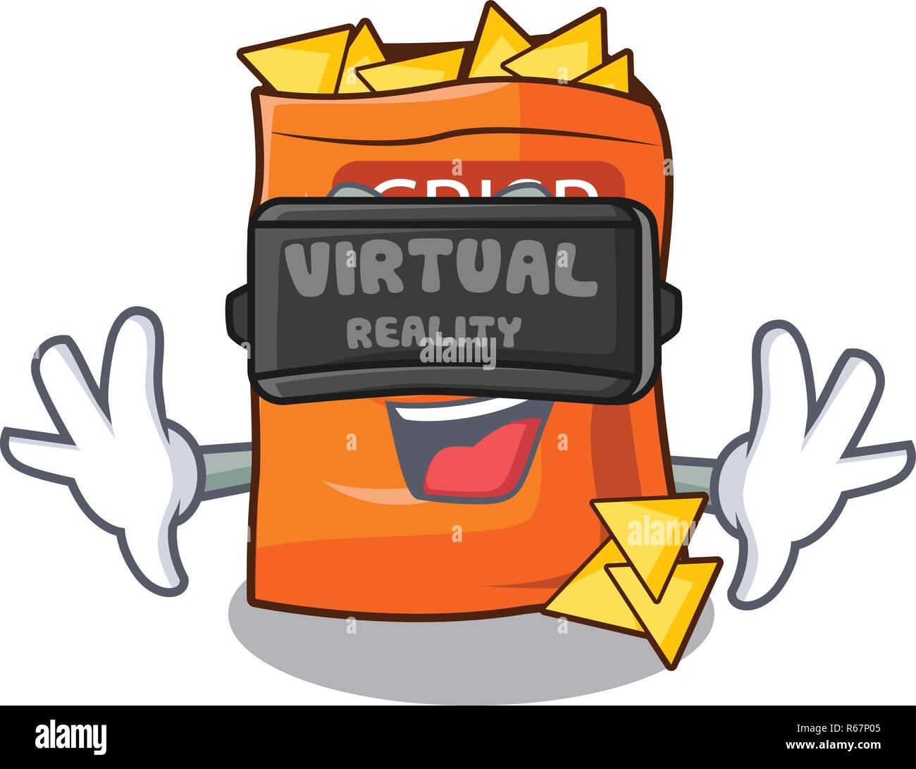 Virtual reality crispy chips snack on a character vector illustration ...