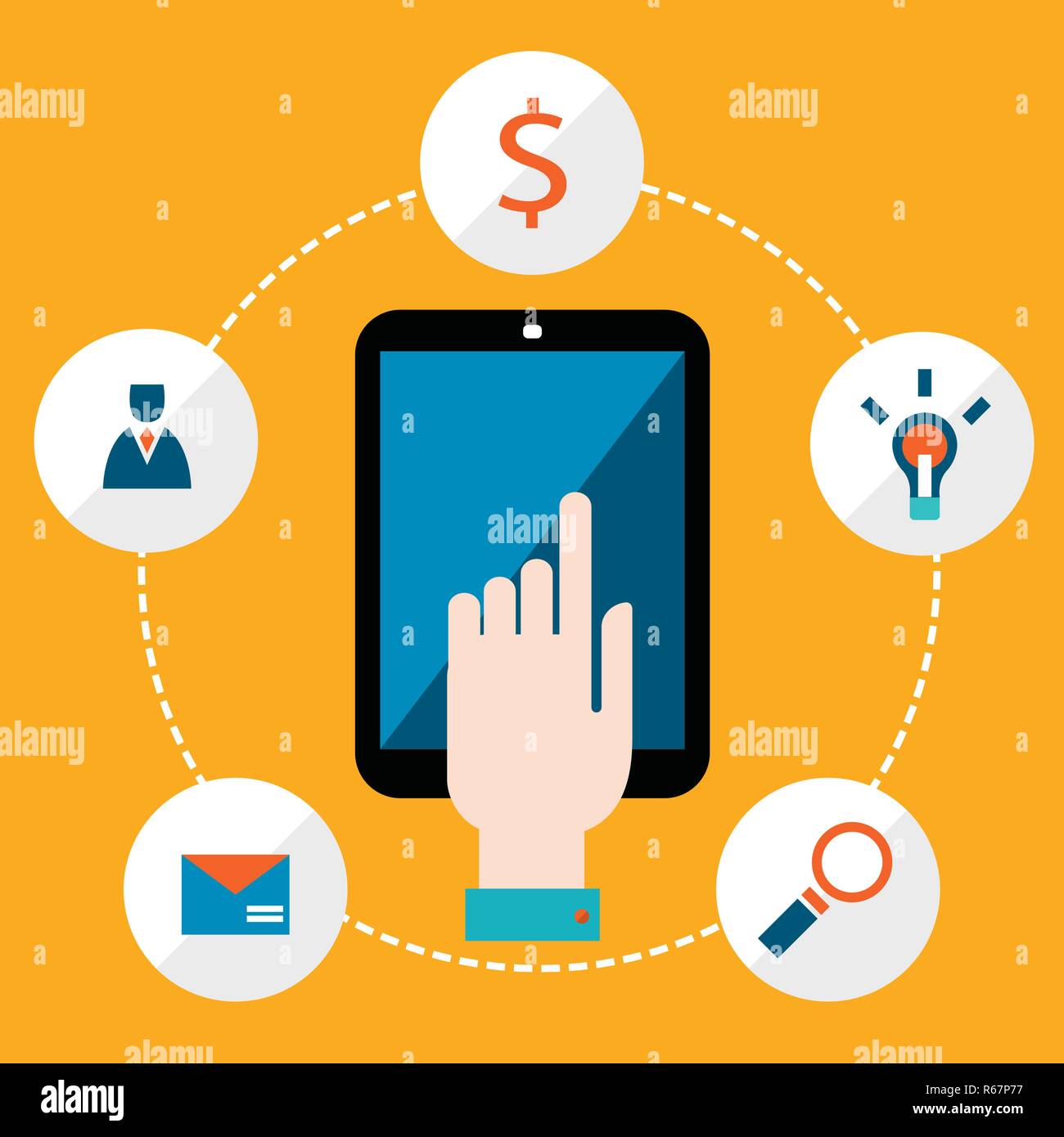 Hand holding tablet with icons Communication in the network concept ...