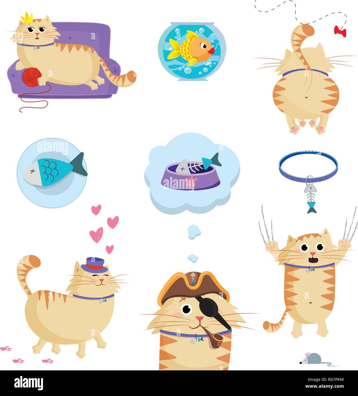 Vector set of cute cartoon ginger cat character in different situations ...