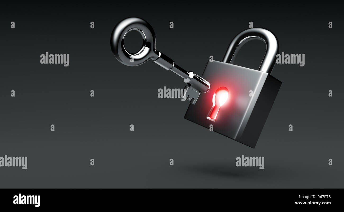 Glowing lock with key on dark background - 3D Rendering Stock Photo - Alamy
