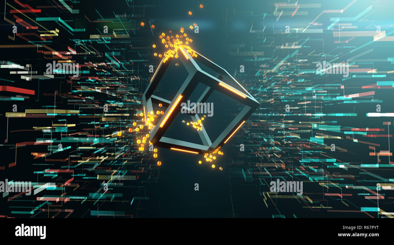Blockchain Technology, Block disperse into small cubes on a digital ...