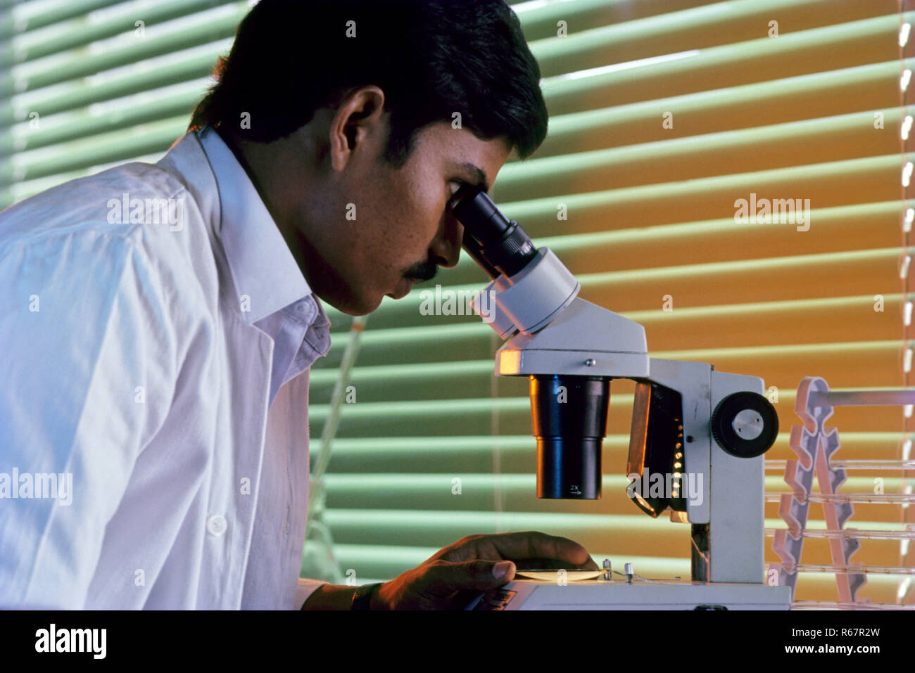 Man Watching Through The Microscope Stock Photo - Alamy