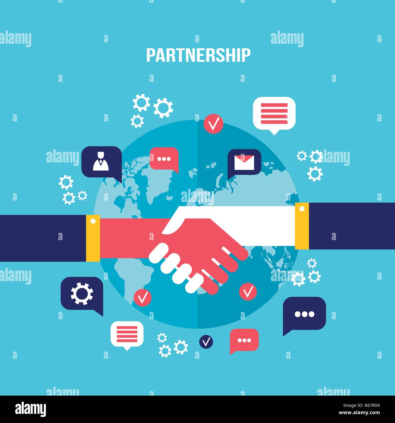 Handshake and icons for web on world map background Successful business ...