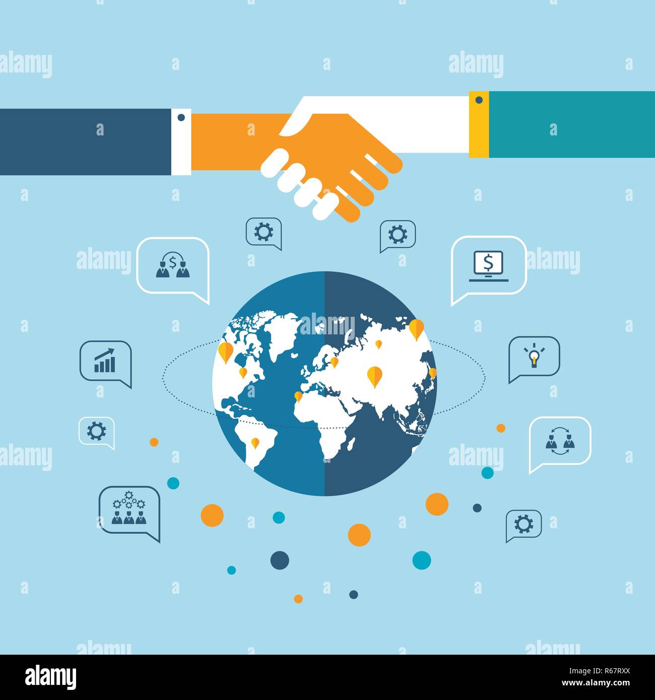 Handshake and icons for web on world map background Successful business ...