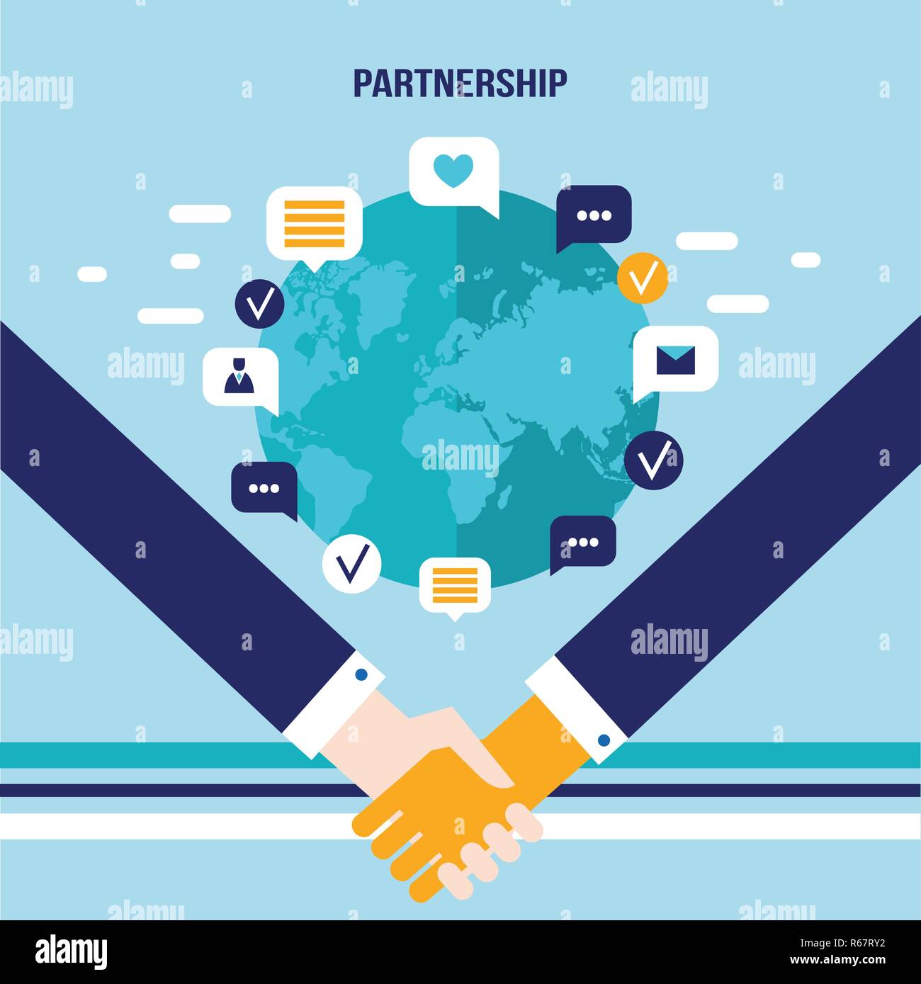 Handshake and icons for web on world map background Successful business ...