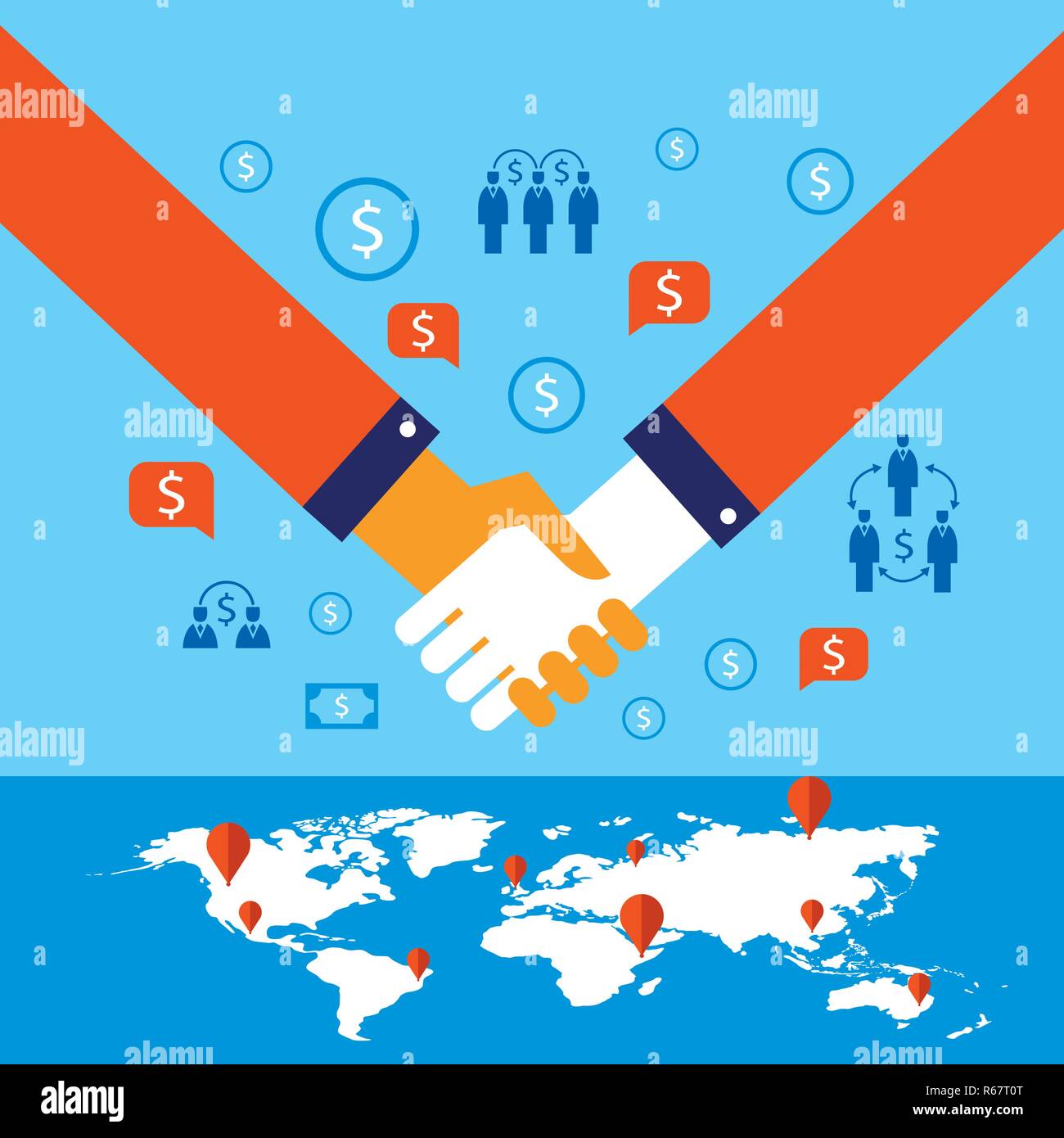 Handshake and icons for web on world map background Successful business ...