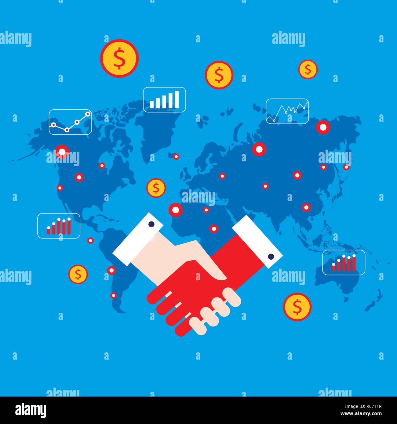 Handshake and money icons on world map background Successful business ...