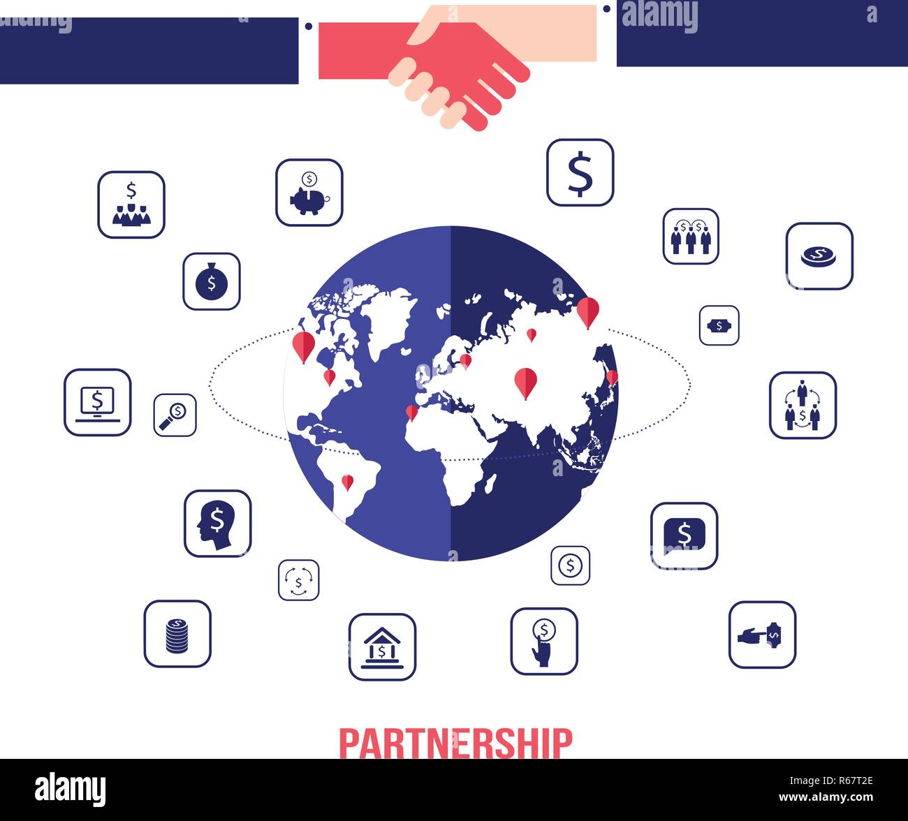 Handshake and icons for web on world map background Successful business ...