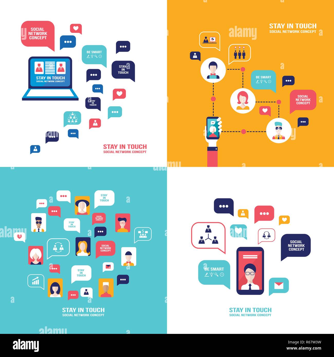 Social Network Technology Banner set People using various electronic ...