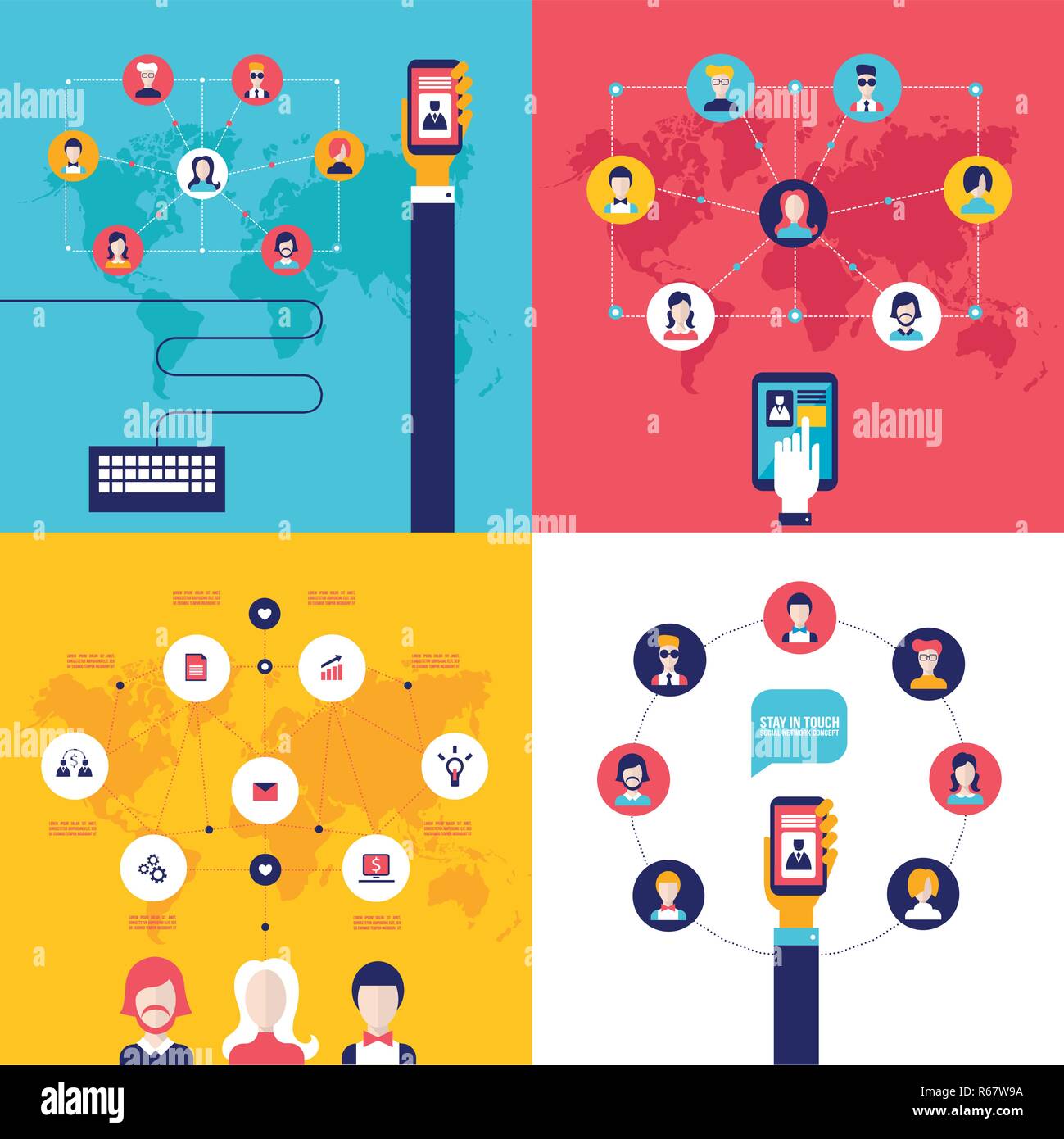 Social Network Technology Banner set People using various electronic ...