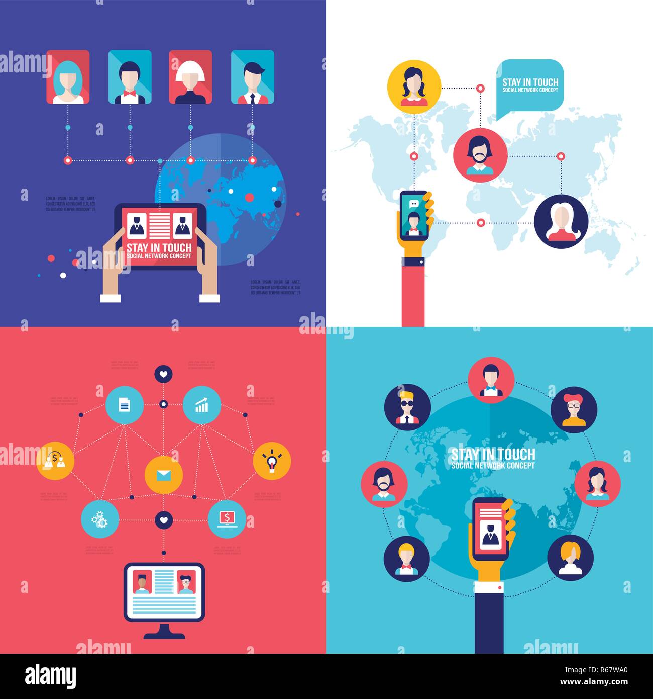 Social Network Technology Banner set People using various electronic ...