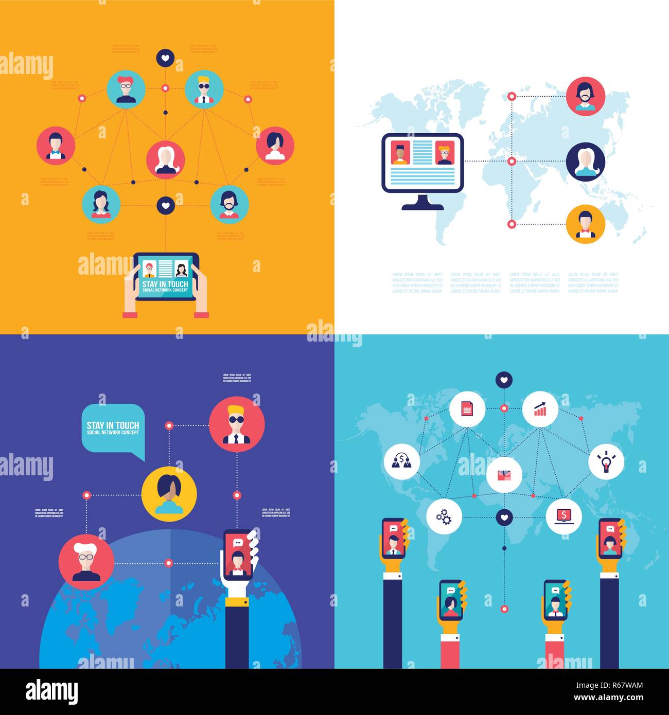 Social Network Technology Banner set People using various electronic ...