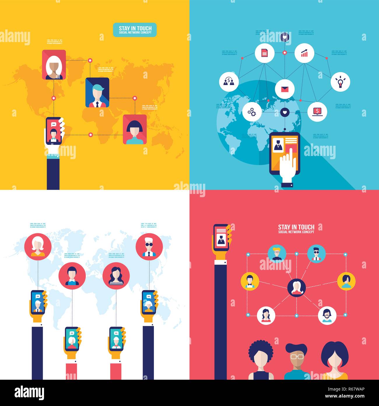 Social Network Technology Banner set People using various electronic ...