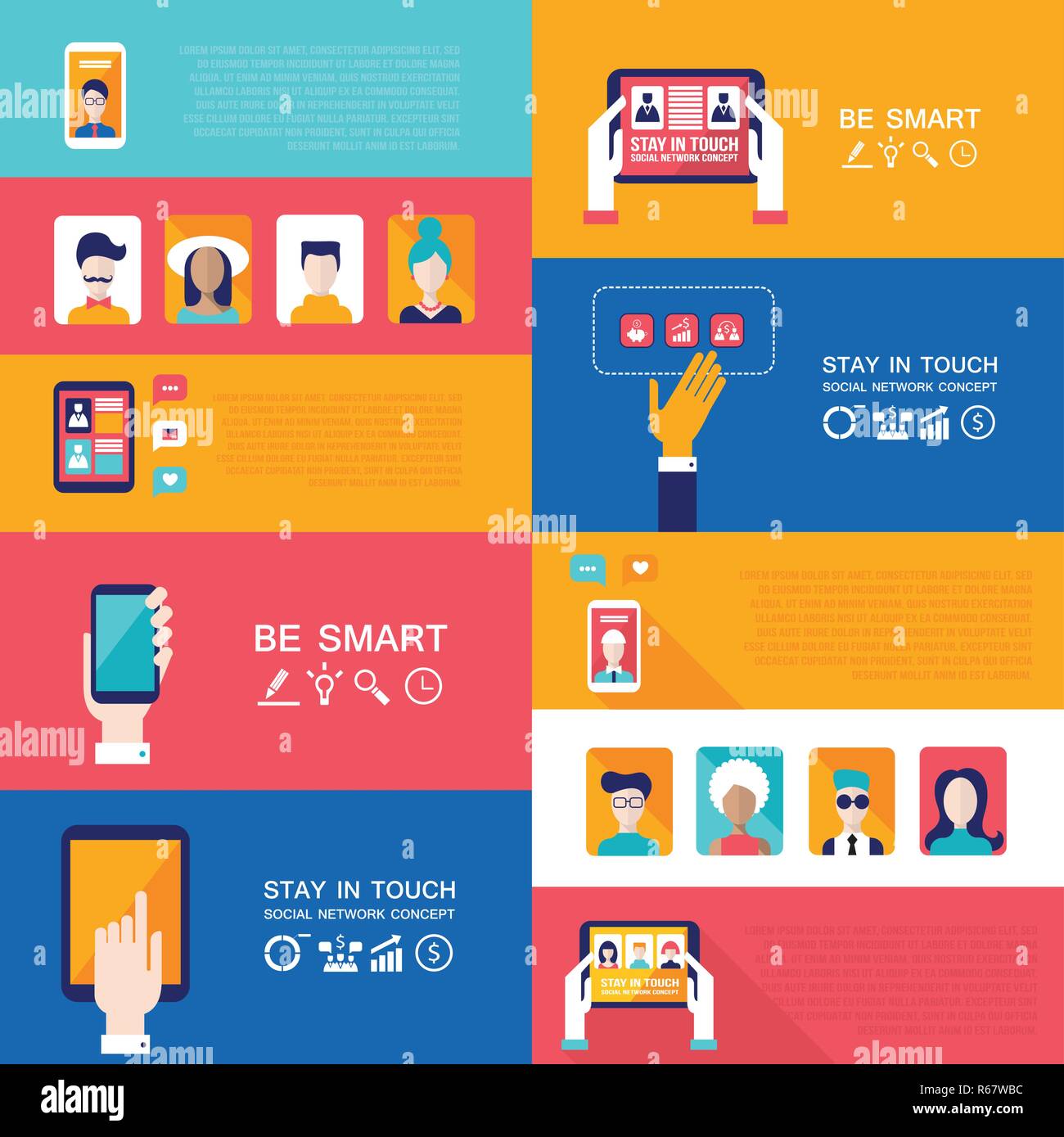 Social Network Technology Banner set People using various electronic ...