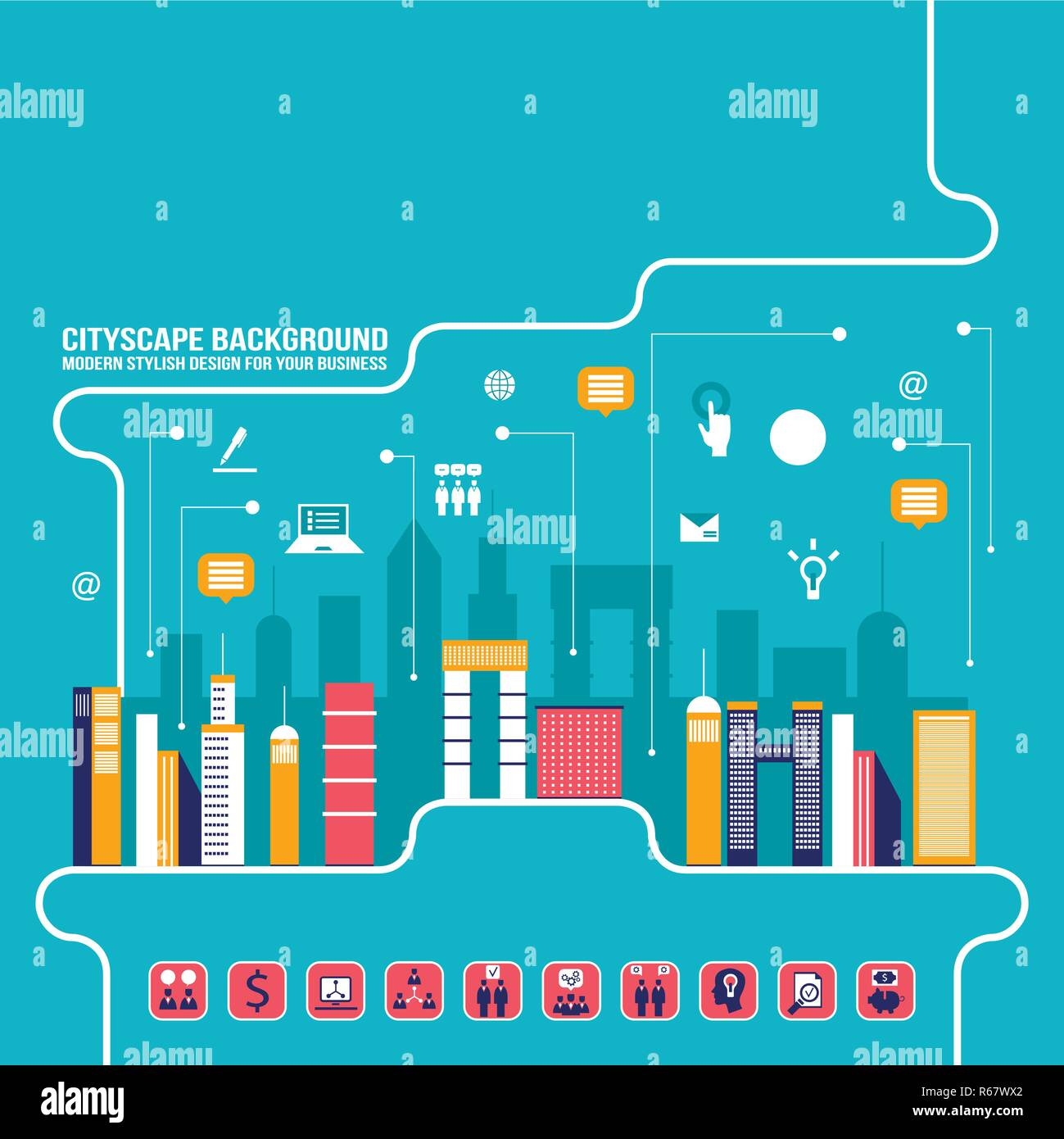 City social network Urban landscape filled with business icons ...