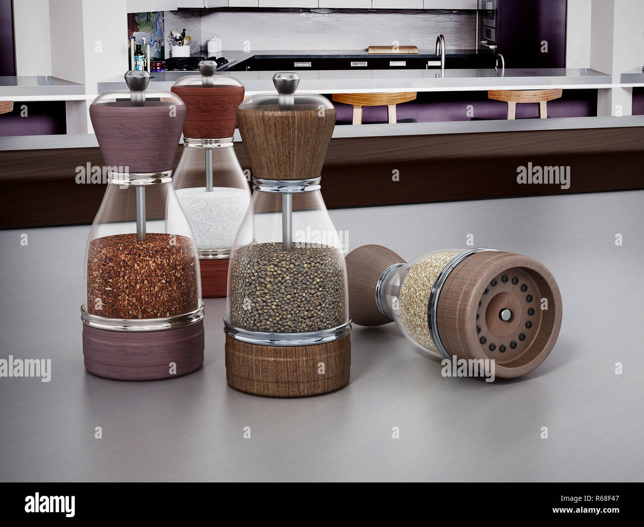Glass spice grinders set standing on kitchen table. 3D illustration ...