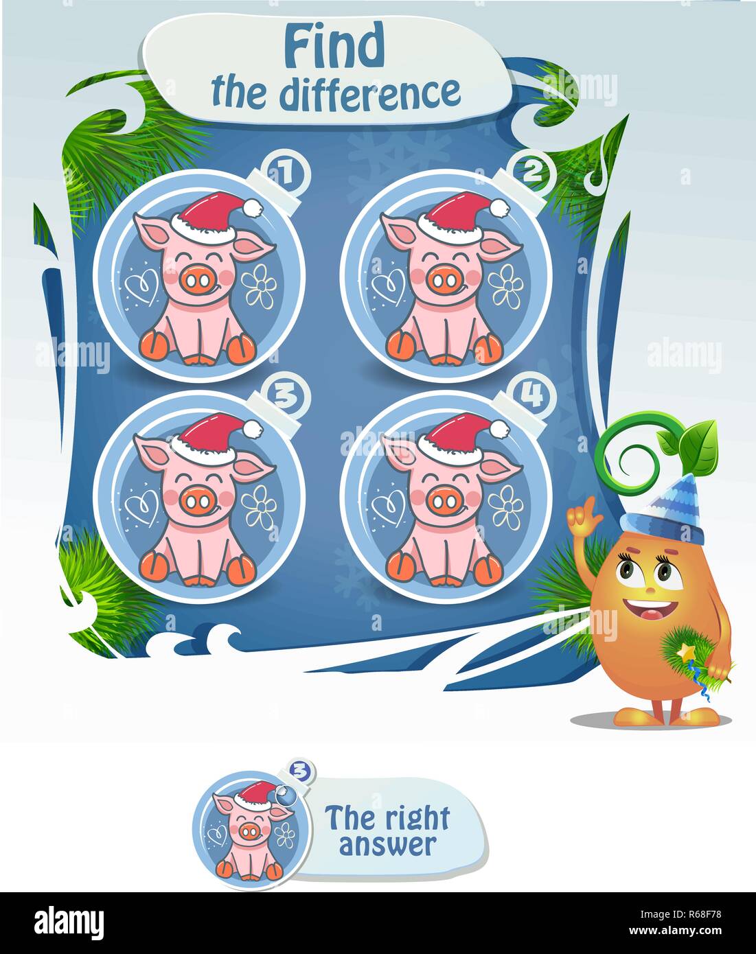 Christmas game with a pig for children. Task game find the differenc ...