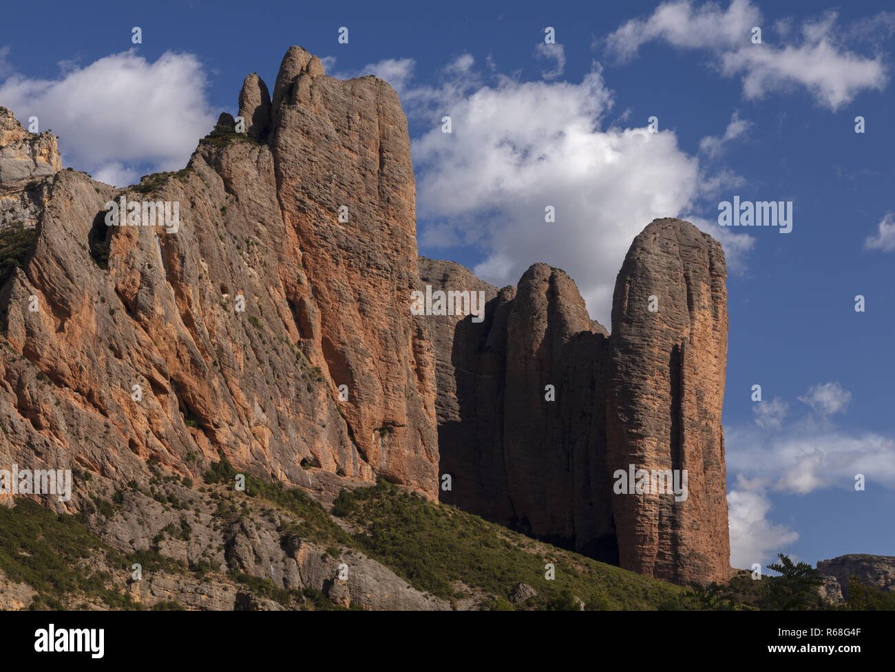 Conglomerate pinnacles and cliffs of the Mallos de Riglos, near Riglos ...