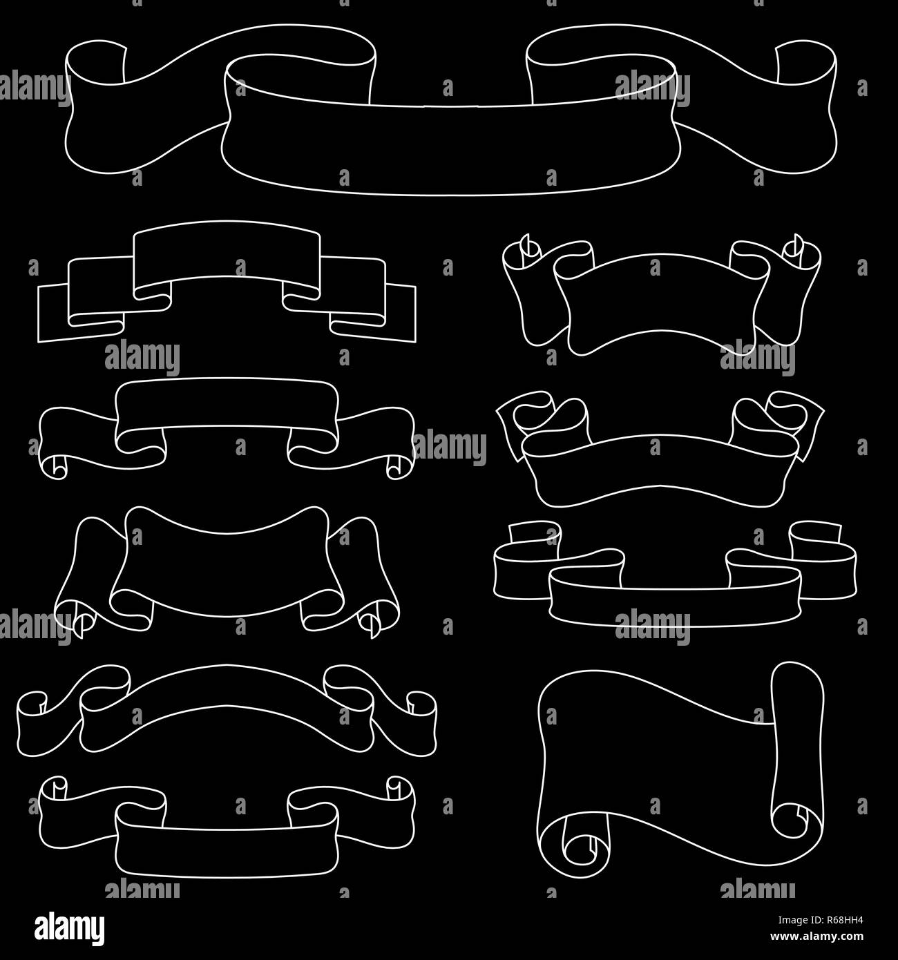 Paper scrolls. White outline set on black background Stock Vector Image ...