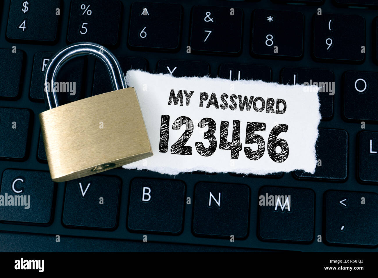 Easy Password concept. My password 123456 written on a paper. Locked ...
