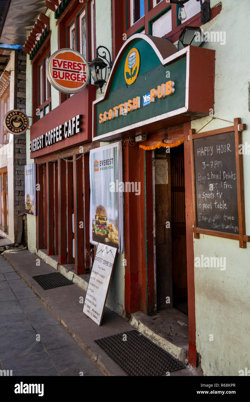 Nepal, Lukla, Scottish Pub and Everest Coffee Café in village main ...