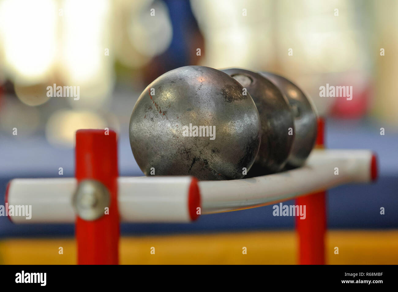 Shot put prepared for competition. Track and Field background Stock ...