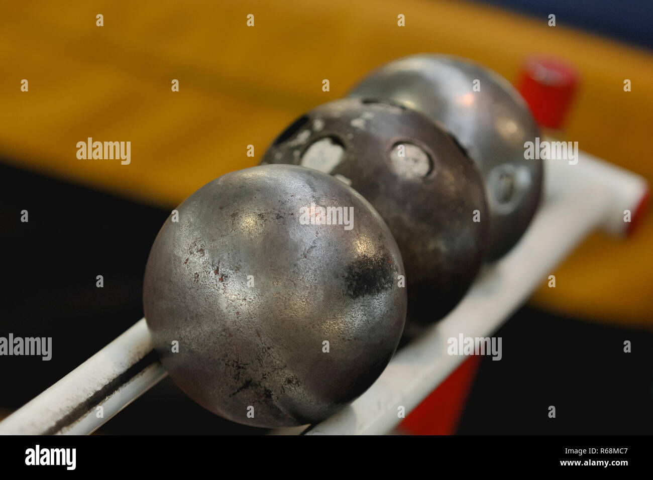 Shot put prepared for competition. Track and Field background Stock ...